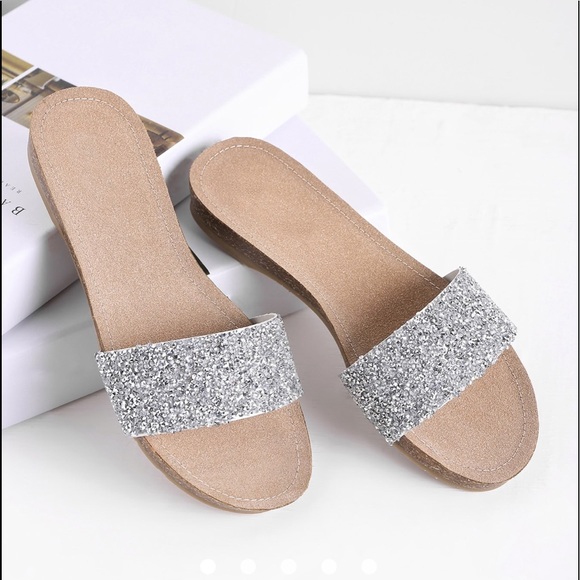 Shoes | Silver Glitter Slide Shoes | Poshmark
